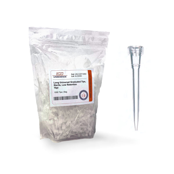 10ul Long Universal, Graduated, unfiltered, Sterile. Low Retention Tip